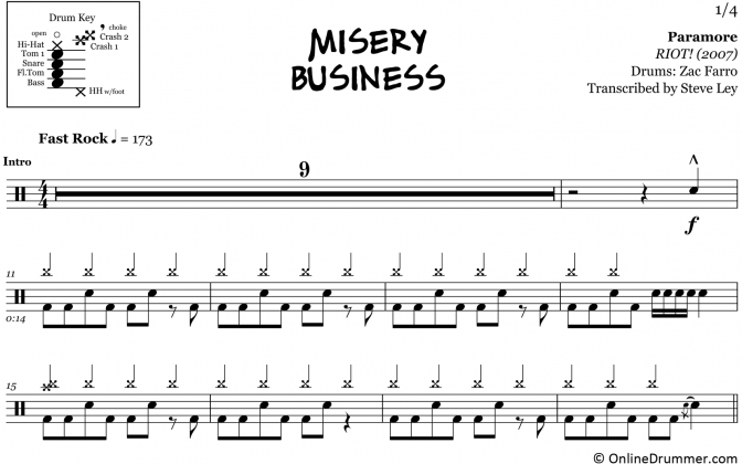 Misery Business - Paramore - Drum Sheet Music | OnlineDrummer.com Misery Business - Paramore - Drum Sheet Music | OnlineDrummer.com